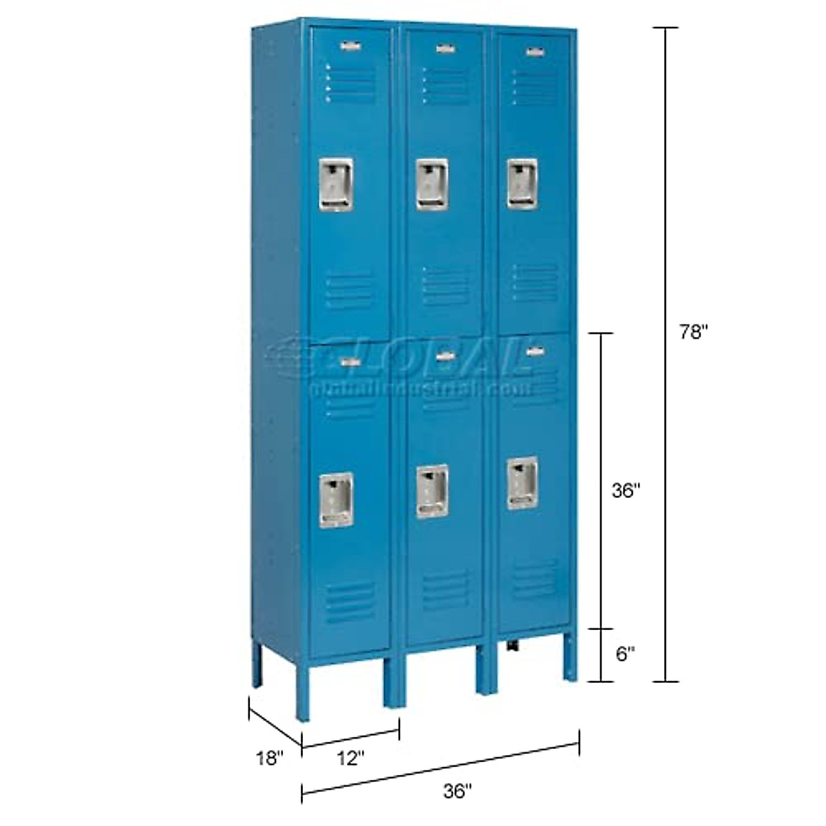 Global Industries Double Tier Locker, 12x18x36, 6 Door Unassembled, Blue