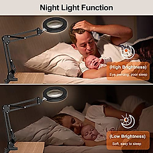 BRISON Magnifying Desk Lamp with Clamp, 3 Adjustable Light, 10 Brightness 8X Magnifier Lamps for Reading/Office/Soldering/Crafts, Swing Arms LED Desk Lamp with Sleep Timer Function