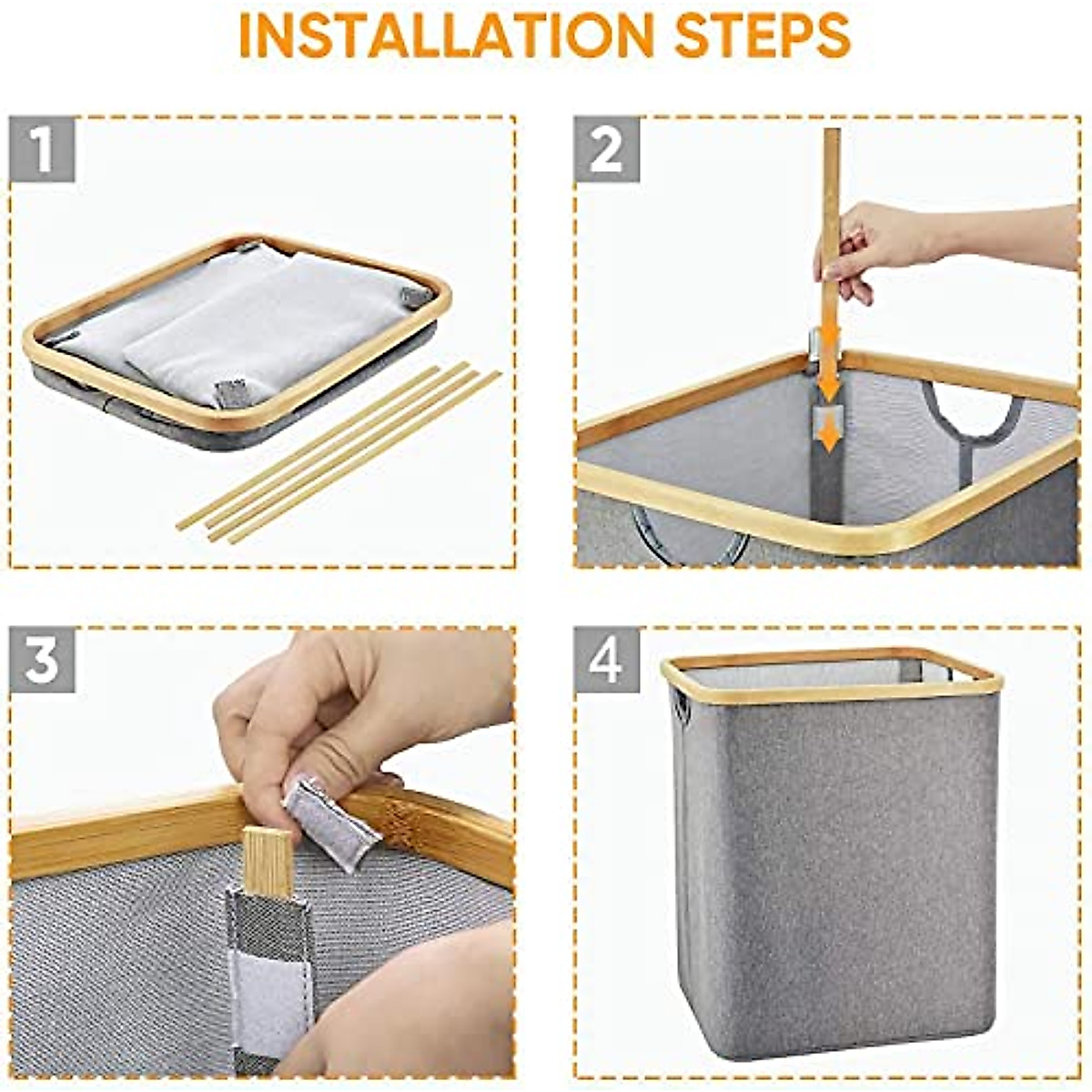 Grey Bamboo Frame Collapsible Laundry Hamper with Handles, Dirty Clothes Basket, laundry room clothes organizer, Oxford Foldable Laundry Baskets for Clothes,Towels, Blankets, Toys Organizer