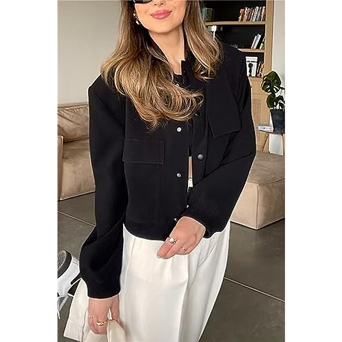 hathne Women's Cropped Bomber Jacket Button Up Casual Streetwear Bomber Jacket Coat with Pocket(L black)