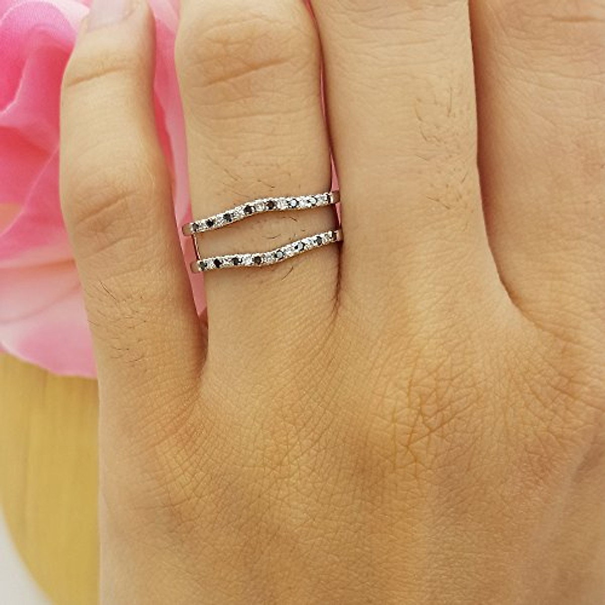 Dazzlingrock Collection Round Alternate Black Diamond & White Diamond Wedding Enhancer Guard Ring for Women in 10K White Gold, Size 8