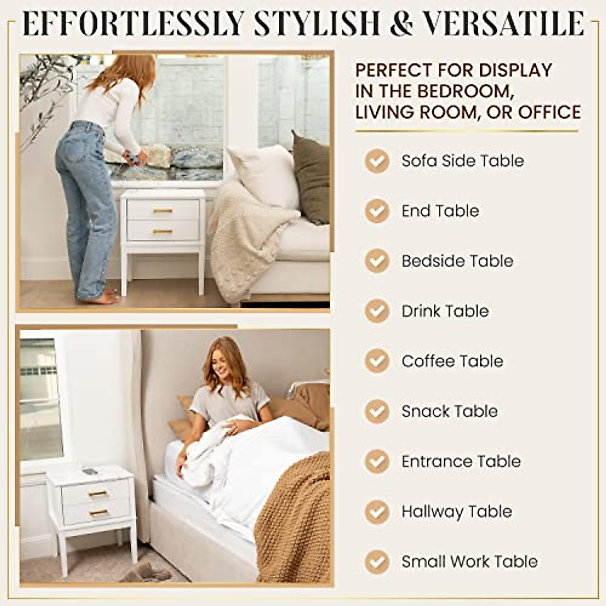 2 Drawer Side Table with Charging Station - Mid Century Modern Nightstand with Polished Gold Handles, 2 USB Ports & 2 Outlets - Multifunctional Smart Bedside Table for Your Home - 24" Tall (White)