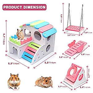 4 Pack Hamster Toys, Two Layers Rainbow Hamster House with Ladder Slide for Hamster Hideout Perch, Hanging Swing & Triangle Swing & Hamster Seesaw for Sport Exercise, Syrian Hamster Cage Accessories