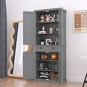 Yusong 72'' Tall Kitchen Pantry Cabinet, Farmhouse Storage Cabinet with 4 Doors, Drawer and Adjustable Shelf, Freestanding Wooden Cupboard Buffet for Dining Room Living Room, Grey