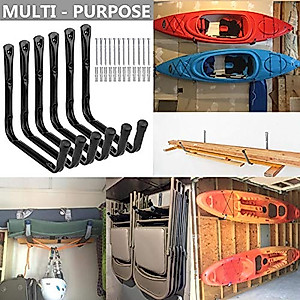 Yisunnan Heavy Duty Giant Garage Storage Hook Wall Mounted Utility Hanging Rack for Surfboard,Ladder,Kayak (6 Pcs Black 10" J Hook)