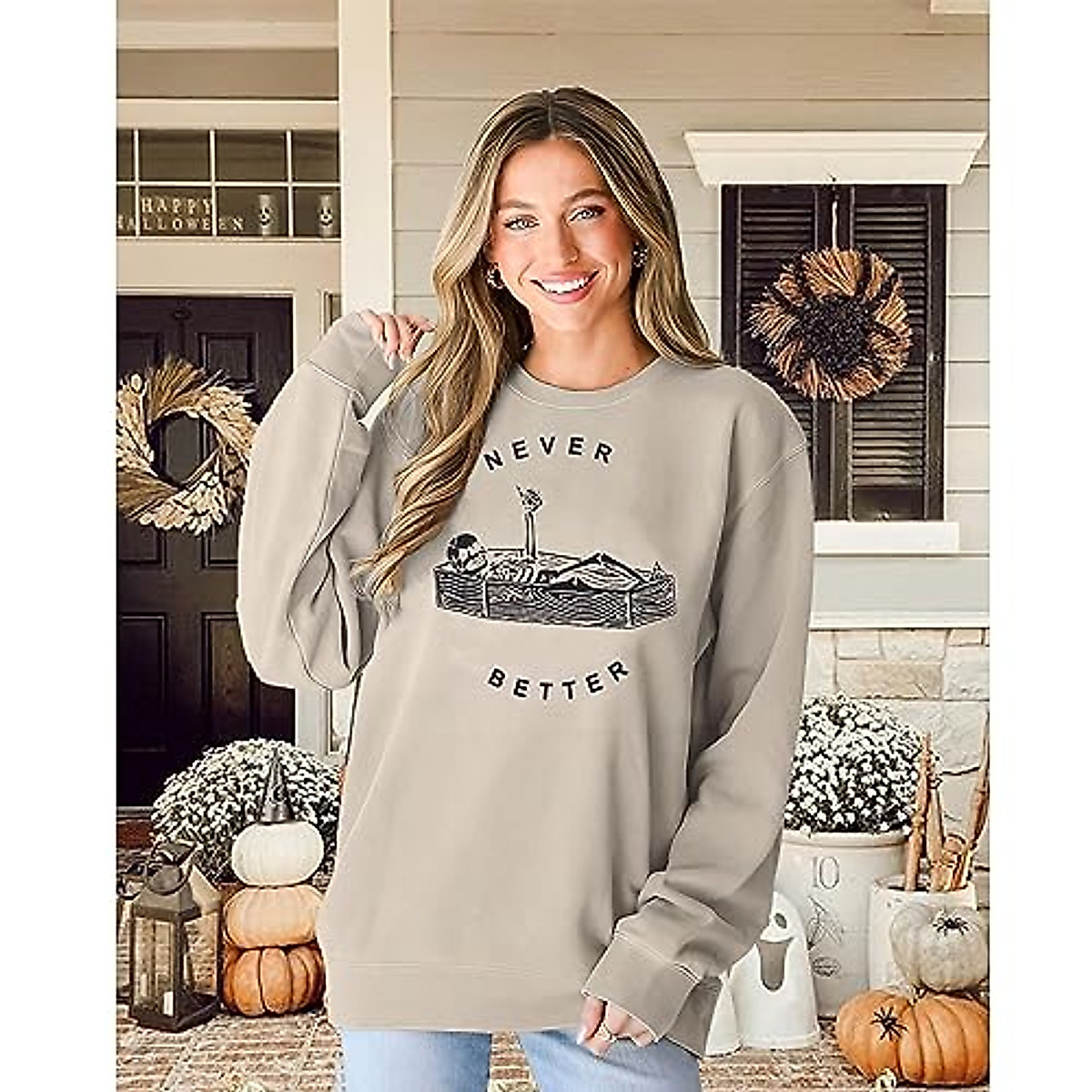 BOUTIKOME Never Better Skeleton Sweatshirt Women's Halloween Shirt Horror Skull Fall Long Sleeve Sarcastic Pullover Tops(Khaki,M)
