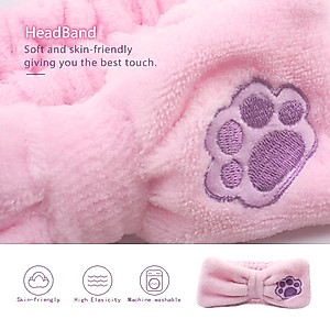 Headband Set of 4, Microfiber Bowtie Headband+Face Cleanser Brush+2 PCS Powder Puffs, Spa Headband Facial Makeup Hair Band for Shower Washing Face (Pink)