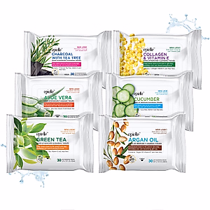 Epielle New Makeup Remover Cleansing Wipes Tissue | Gentle for all Skin Types | Daily Facial Cleansing Towelettes | Removes Dirt, Oil, Makeup | Nicely Scented - Charcoal, Collagen, Aloe, Cucumber, Green Tea, Argan Oil | 30 Count | Assorted 6 Pack