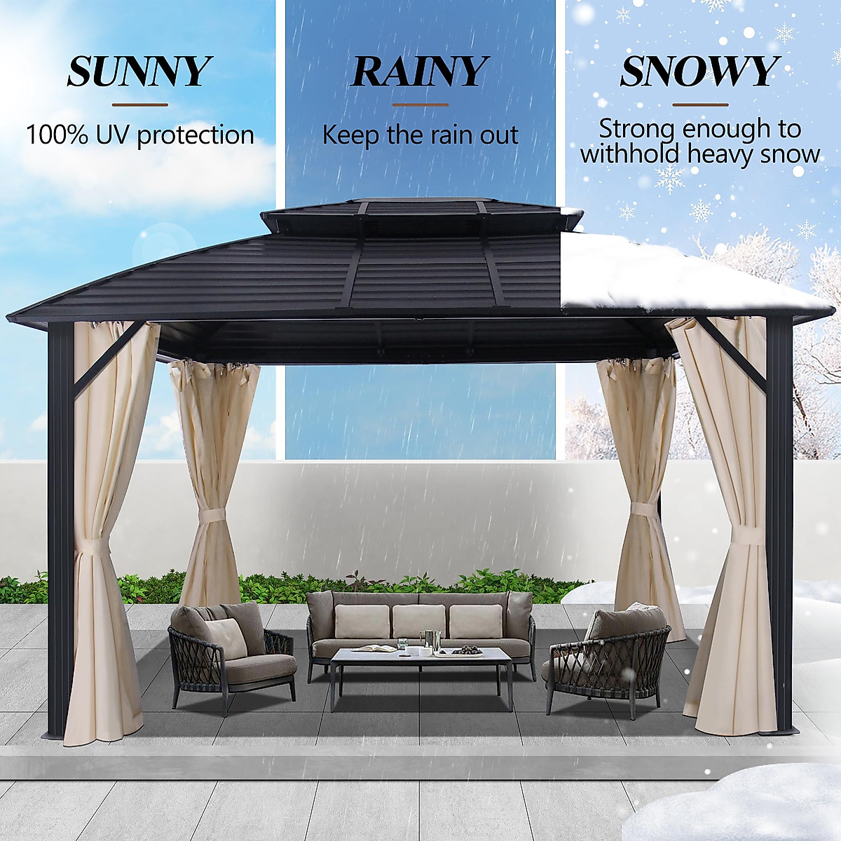 GARTOO 10x12FT Outdoor Galvanized Steel Hardtop Gazebo - Dome Canopy Gazebo with Breathable Mesh Screen & Private Curtains for Gaeden, Poolside, Deck, Backyard