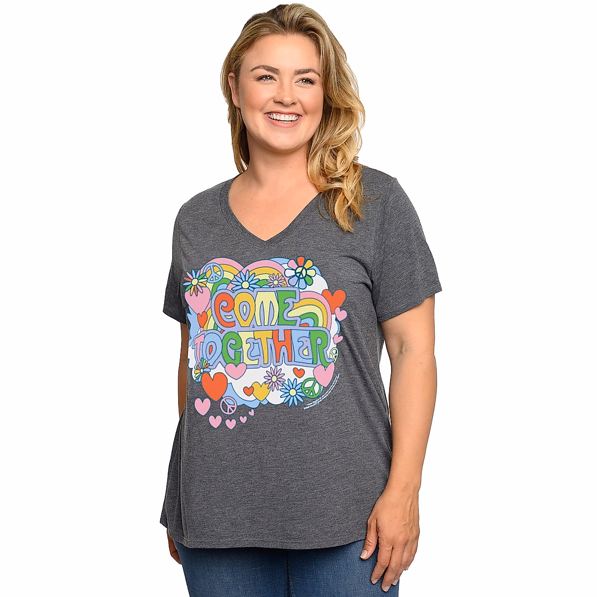 Beatles Plus Size Womens T-Shirt V-Neck Come Together Vintage Print (Charcoal, 4X)
