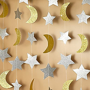 Gold Silver Moon Star Garland for Twinkle Twinkle Little Star Party Decoration/First Birthday/Baby Shower/Wedding/Kids Room/Nursery/Ramadan EID/Graduation Decor/Goodnight Moon Party Decorations