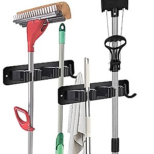Kozci 2 Pack Broom Holder Wall Mount, Anti-Slip Mop Holder Broom Organizer Wall Mount Self Adhesive Stainless Steel Tool Storage Rack Broom Hanger for Kitchen Garden Garage (2 Racks 1 Hook)
