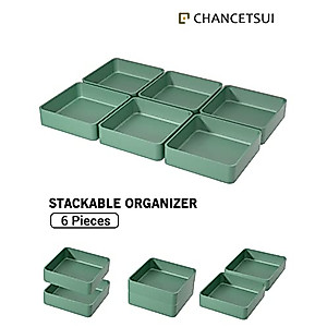 6 Pcs Stackable Drawer Organizer Set, 6.6" X 6.6" Square Plastic Vanity Drawer Organizers and Storage Bins,Desk Drawer Organizer Trays for Makeup,Bathroom Countertop,Office Drawer Divider,Forest Green