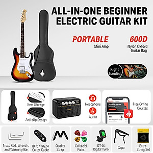 Donner DST-100S 39 Inch Full Size Electric Guitar Kit Solid Body Sunburst, Beginner Starter, with Amplifier, Bag, Capo, Strap, String, Tuner, Cable, Picks