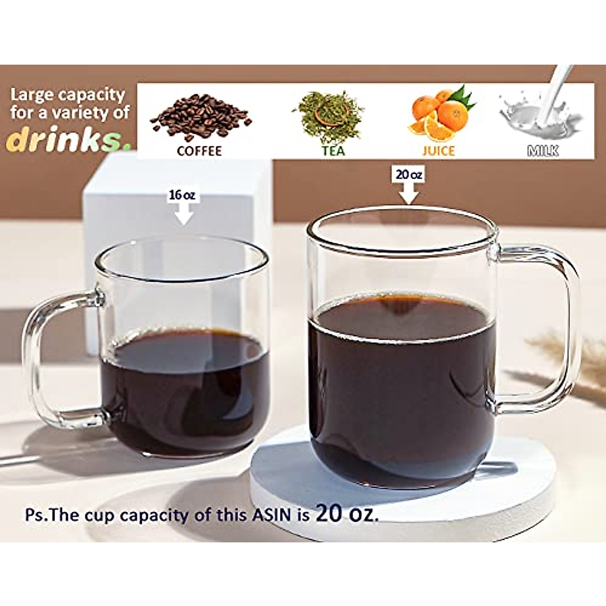 Aquach Glass Mugs 20 oz Set of 2, Extra Large Clear Glass Cup with Handle for Hot/Cold Coffee Tea Beverage, Thicker Quality for Safe Use Every Day