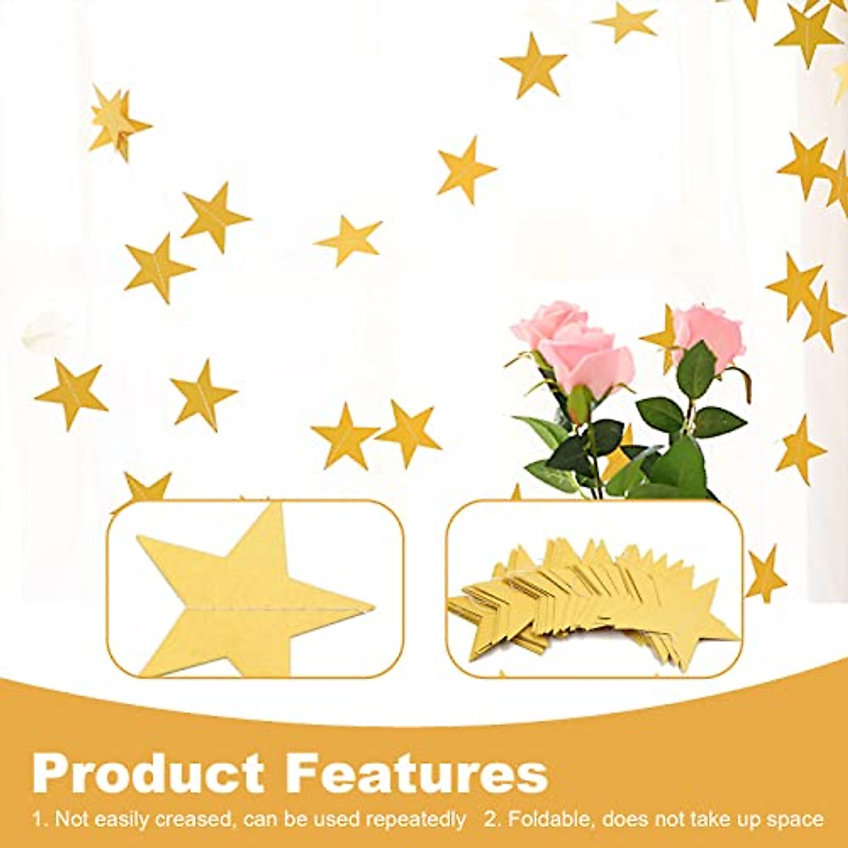 65 Feet Paper Star Garland Banner Decoration, 5 Pack Star Bunting Garland, Hanging Star Streamers Backdrop for Birthday Party Wedding Graduation Baby Bridal Shower Prom Decor (Gold)