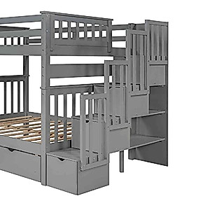 ATY Full Over Full Bunk Bed with Stairs and 6 Storage Drawers, Wood Stairway Bedframe w/ 3 Shelves, Can be Divided into Two Beds, No Box Spring Needed, Gray