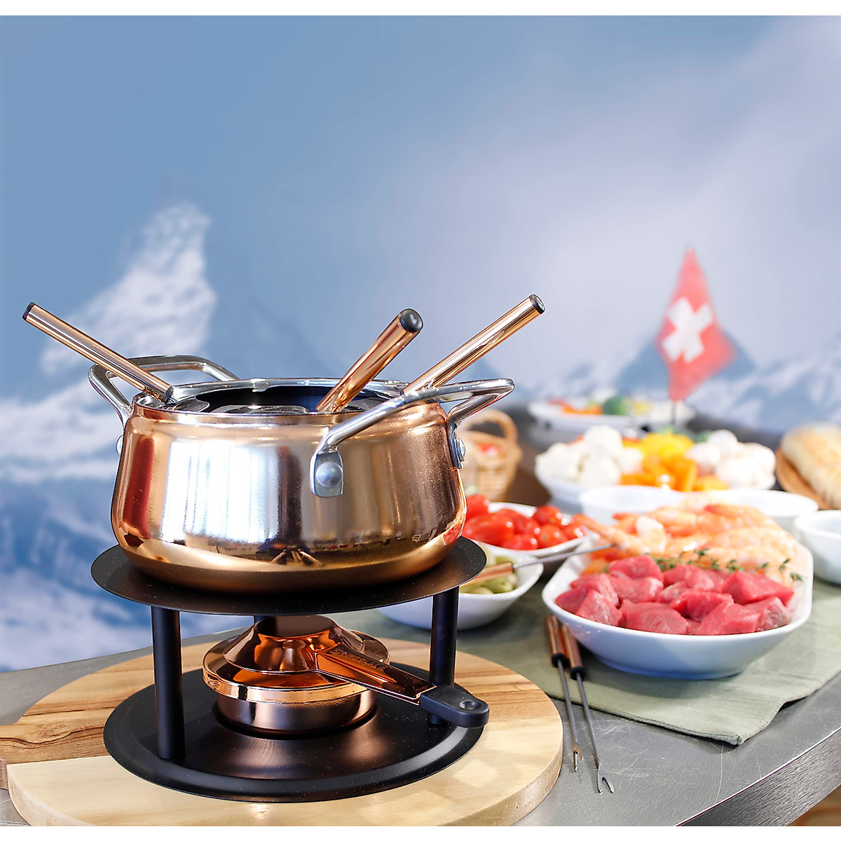 Swissmar Peak 10-Piece Copper Plated Stainless Steel Fondue Set