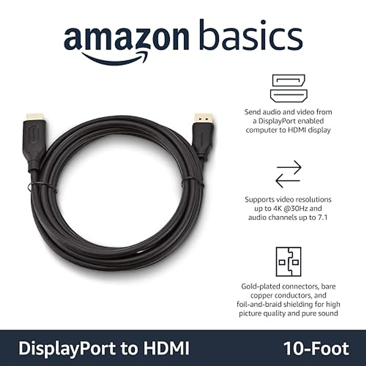 Amazon Basics DisplayPort to HDMI Display Cable, Uni-Directional, 4k@30Hz, 1920x1200, 1080p, Gold-Plated Plugs, 10 Foot, Black