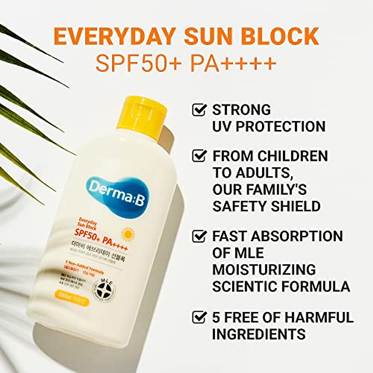 Derma B Everday Sun Block Sunscreen SPF 50+ PA++++ 6.71 Fl Oz, 200ml | Big Size SPF Moisturizer | Facial Body Sunblock | Korean Sunscreen Lotion