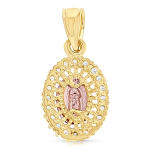 Ioka 14K Yellow Gold Our Lady of Guadalupe Cubic Zirconia CZ Charm Pendant with 1.5mm Valentino Chain Necklace - 18"