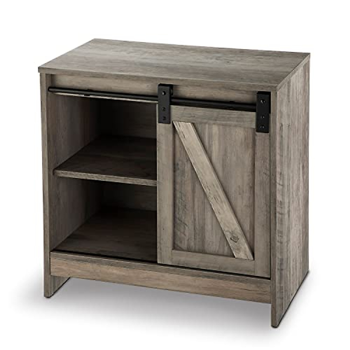 Landia Home Farmhouse Accent Cabinet, End Table, Modern Bed Side End Table with Barn Door and Shelf, Nightstand for Bedroom, Living Room, Grey