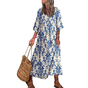 Dokotoo Womens Sundresses V Neck Boho Maxi Dress Puff Sleeve Long Dresses Ruffle A Line Flowy Beach Dresses XX-Large Blue