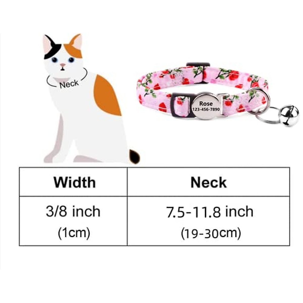 Moonpet Custom Personalized Breakaway Cat Collar with ID Name Phone Number Tag Plate/Customized Engraved Floral Pattern Boy Girl Cat Kitten Collar with Bell