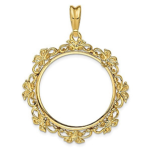 Roy Rose Jewelry Gold Coin Pendant Mounting - 27mm Coin Size - Flower Blossom Filigree Design Frame - 14K Yellow Gold - Prong Set with Bail
