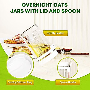 Overnight Oat Containers with Lids and Spoon, 16OZ Large Capacity Glass Mason Jars, Glass Food Storage Containers for Milk, Cereal, Vegetable and Fruit Salad (2 PACK)