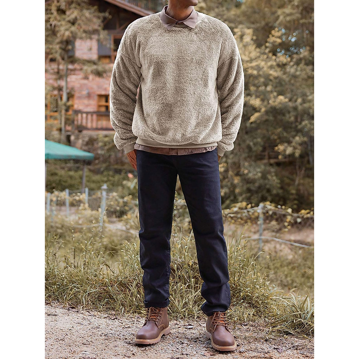 Runcati Mens Fuzzy Sherpa Sweatshirt Long Sleeve Fluffy Crew Neck Pullover Cozy Basic Unisex Fall Winter Warm Tops