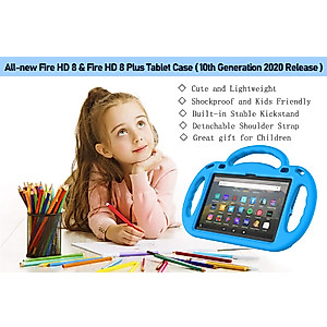 LTROP Shockproof Kids Case for Fire HD 8 Tablet (12th / 10th Generation, 2022/2020 Release) with Handle Stand & Shoulder Strap, Blue