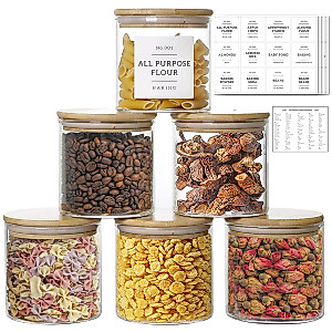 20 OZ Glass Food Storage Jars with 132 Pantry Labels Preprinted - 6 Pcs Thicken Glass Storage Containers with Airtight Bamboo Lid - Clear Kitchen Canister for Spice, Tea, Coffee, Sugar, Cookie, Candy