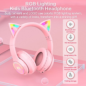 SIMGAL Bluetooth Cat Ear Headphones for Kids, Wireless & Wired Mode Foldable Headset with Mic, RGB LED Light, for Girls School Gaming, Compatible with Mobile Phones PC Tablet