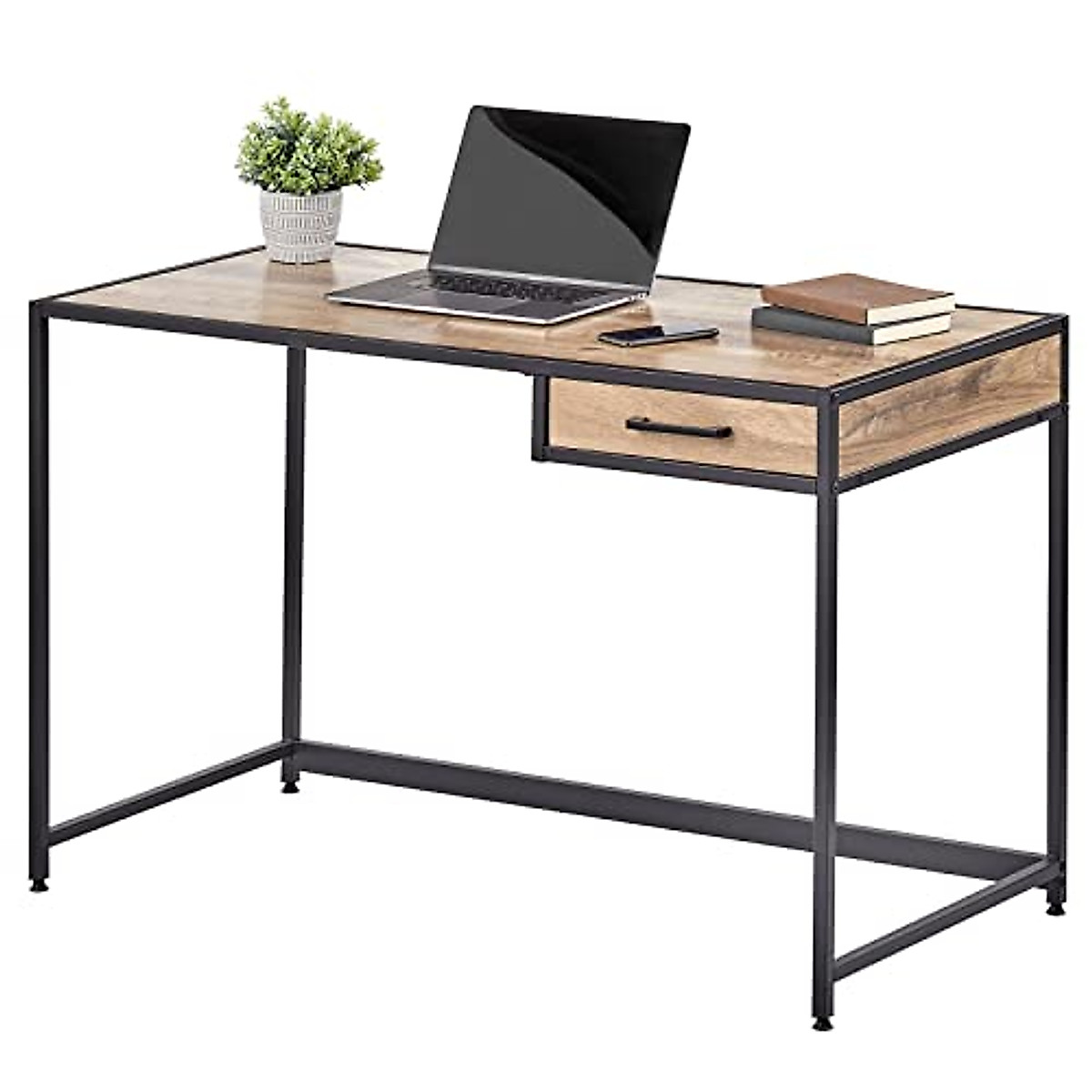 mDesign Metal & Wood Sturdy Home Office Desk with Righthand Drawer - Computer Desk, Home Office Writing, Small Desk, Modern Simple Style PC Table - Black Metal Frame/Gray Wash Wood Top