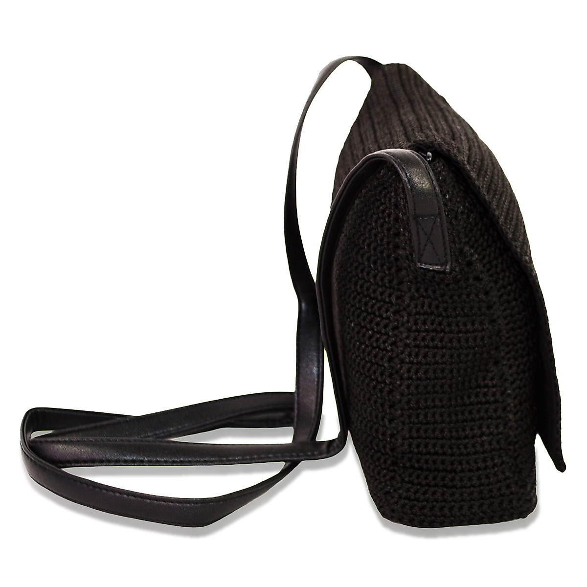 Rising Phoenix Industries Cute Black Crochet Crossbody Bag with Zipper and Flap Closure, Boho Style Handbag Purse with Faux Leather Strap