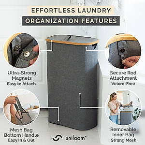 uniloom Slim Laundry Hamper with Lid & Bamboo Rim - 60L Waterproof Oxford Narrow Laundry Basket with Removable Bag & Long Handle - Sturdy Dirty Clothes Hamper with Lid & Magnetic Mesh Bag - Gray