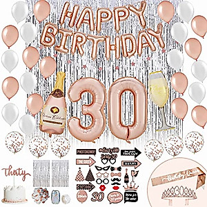 PartyHooman 30th Birthday Decorations for Women With 30th Birthday Sash and Rhinestone Tiara | 30th Birthday Balloons, 2 Pcs Foil Backdrops with 25 pre-assembled photoshoot props | Dirty 30 Birthday
