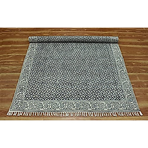 Casavani Hand Made Cotton Dhurrie Floral Blue & Beige Tassel Rug Easy Care Washable Rugs for Doormat Entryway Living Room Bedroom Hallway Balcony 12x15 Feet