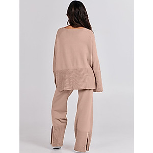 ANRABESS Womens 2 Piece Outfits Oversized Knit Sweater Set Wide Leg Pant Cozy Lounge Matching Pajama Sets 2024 Trendy Clothes Deep Apricot X-large