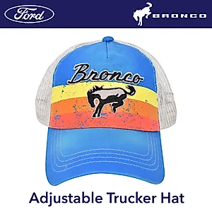 Ford Bronco Embroidered Logo Washed Cotton Adjustable Trucker Hat with Curved Brim, Royal Blue, One Size