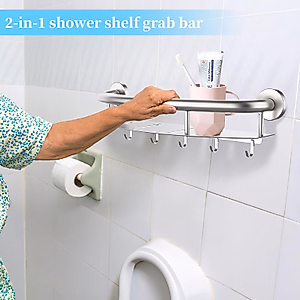 Satin Brushed Nickel Shower Grab Bar w/Storage Shelf 18 Inch, Zepolu Stainless Steel 2-in-1 Shampoo Shelf Grab Bar, Wall Mount Safety Balance Bar for Bathroom Support Handrail Assist Handle for Senior