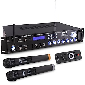 Pyle Bluetooth Home Audio Power Amplifier -4 Ch. 3000W, Stereo Receiver w/Speaker Selector, FM Radio, USB, Headphone, 2 Wireless Mics for Karaoke, Great for Home Entertainment System - PWMA3003BT.NEW