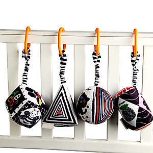 KAKIBLIN Baby Hanging Rattle Toys, 4 Pack Black and White Car Seat Baby Toys Soft Squeaky Stroller Toy for Baby Montessori Sensory Toys 0-12 Months for Newborn Infant, White and Black