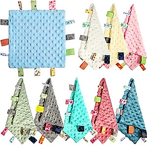 Kinlop 9 Pieces Baby Tags Security Blankets Baby Soothing Plush Blanket with Colorful Tags Soft Small Animal Nursery Bed Blanket for Baby, Square Sensory Toys for 3-12 Months Babies, 10 x 10 Inch