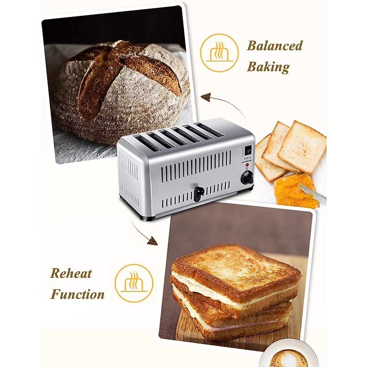 6 Slice Toaster, Stainless Steel, Upgrades Commercial Toaster with Wide Slots & Removable Crumb Tray - Toast, Meatloaf, Sandwiches, Bagel, 110V