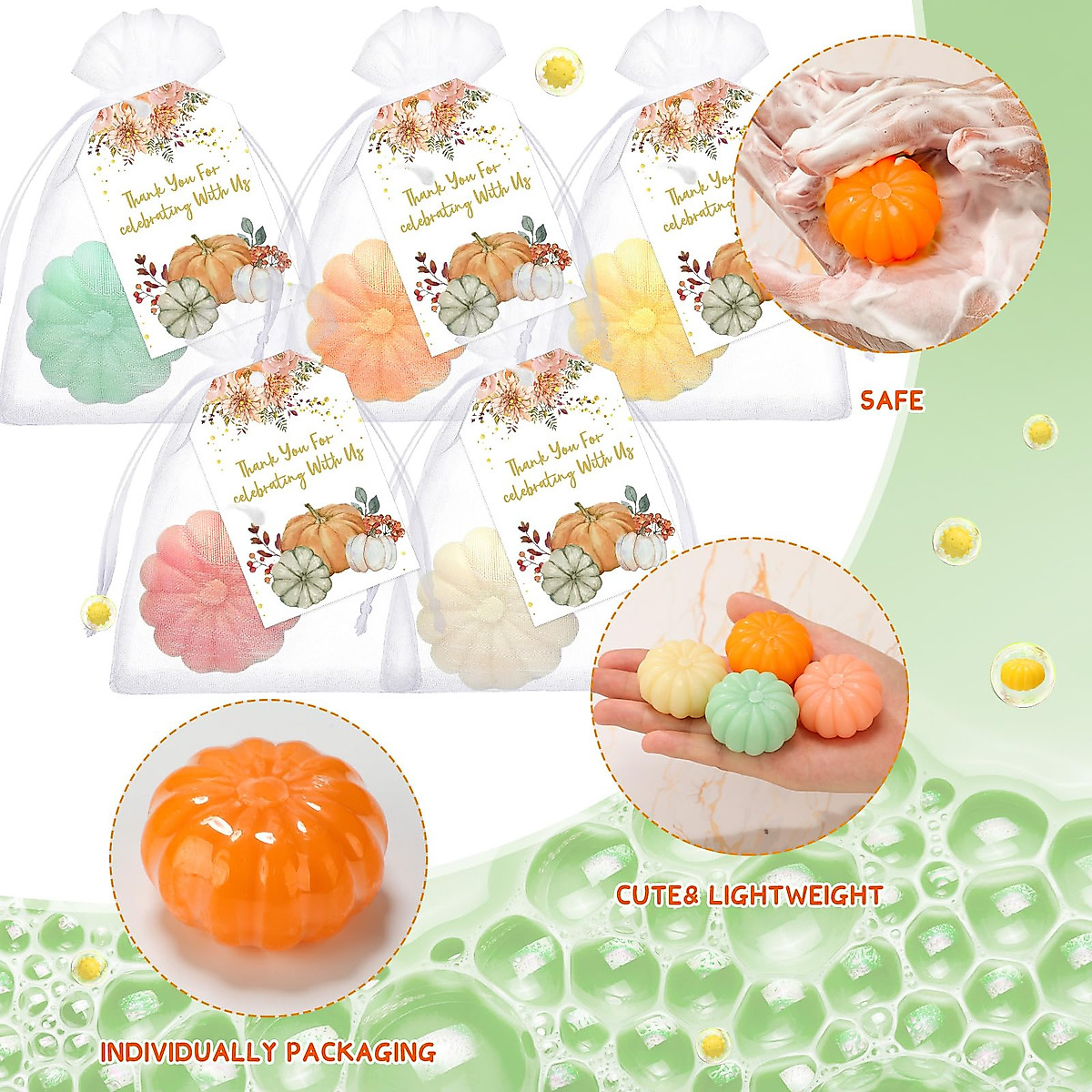 Leelosp 50 Set Thanksgiving Pumpkin Baby Shower Soap Favors Mini Pumpkin Baby Shower Favors Include Pumpkin Soap Thanks Cards Drawstring Gift Bags for Autumn Thanksgiving Day Party Decorations Gifts
