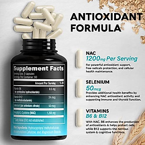 NAC Supplement | Selenium | B6 | B12 - Antioxidant, Immune Support - N Acetyl Cysteine 600 mg per Capsule, 1200 mg per Serving - Made in USA - Non-GMO, Gluten-Free, Vegan - 120 caps, 2 Month Supply