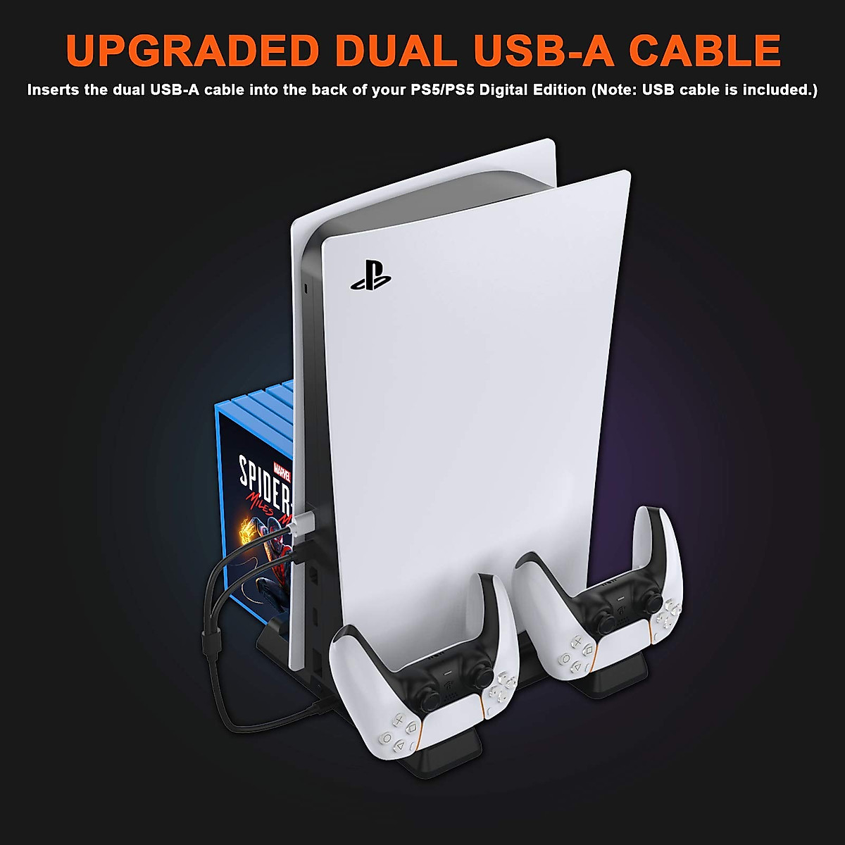 BEJOY Multifunctional Vertical Stand with Dual Cooling Fans for PS5 Console, 3-Level Rotate Fans Speed, Dual Type-C PS5 Charging Station with Gaming Headset Holder, 11 Games Boxes Storage, Black