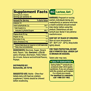 Support Optimal Digestion and Nutrient Absorption with Spring Valley Papaya Enzyme Complex - Chewable Tablets Dietary Supplement, 180 Count. Includes Luall Fridge Magnetic